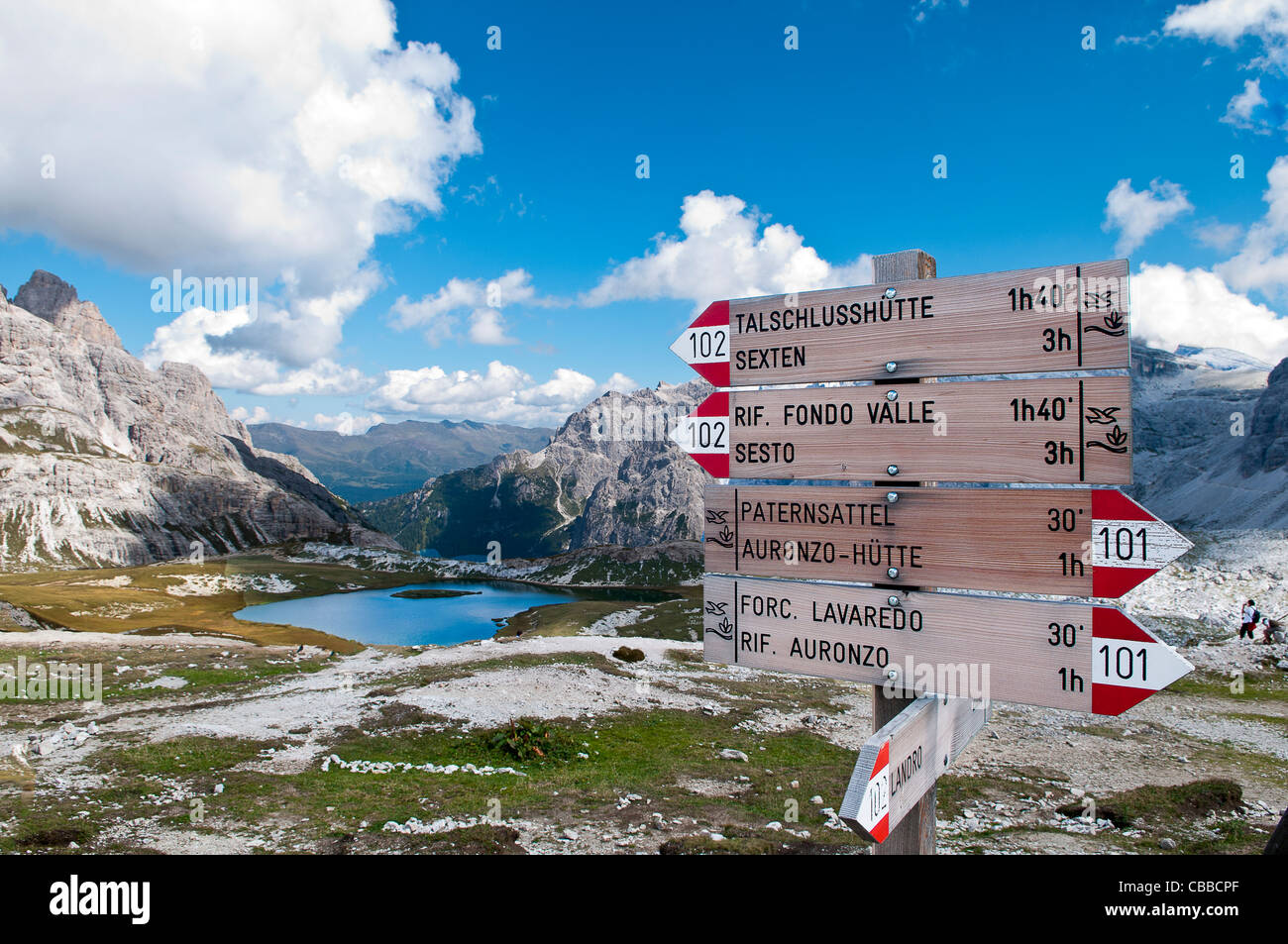 Sign-post at Forcella di Toblìn, Alta Pusteria, Dolomites, South Tyrol ...