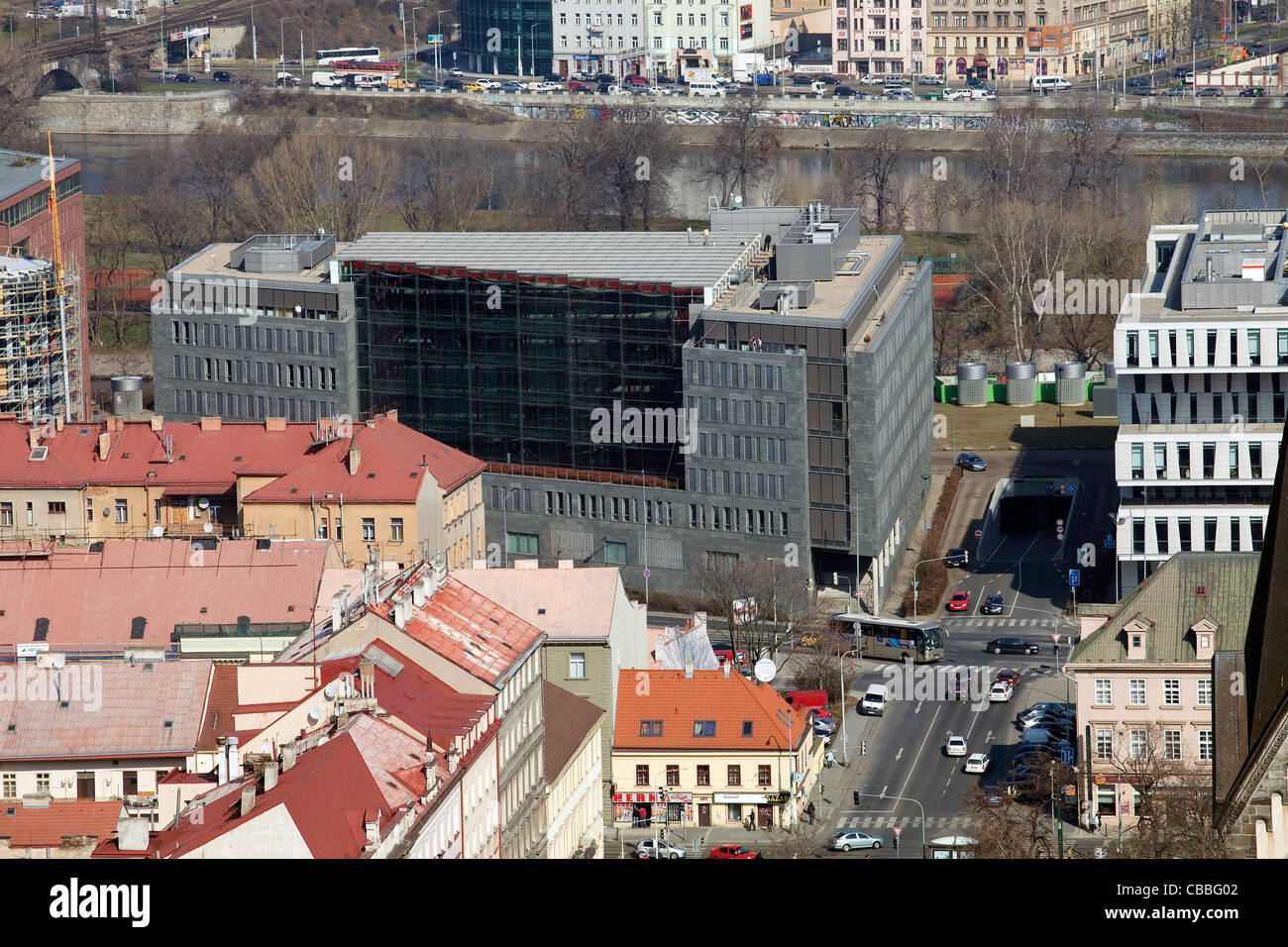A view over the Prague's Karlin quarter from the roof of the National ...