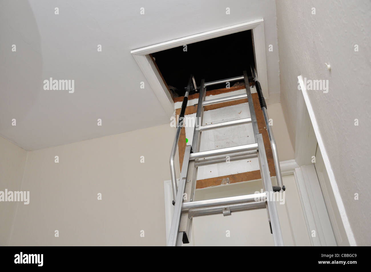 Ladder up to open Loft hatch Stock Photo - Alamy