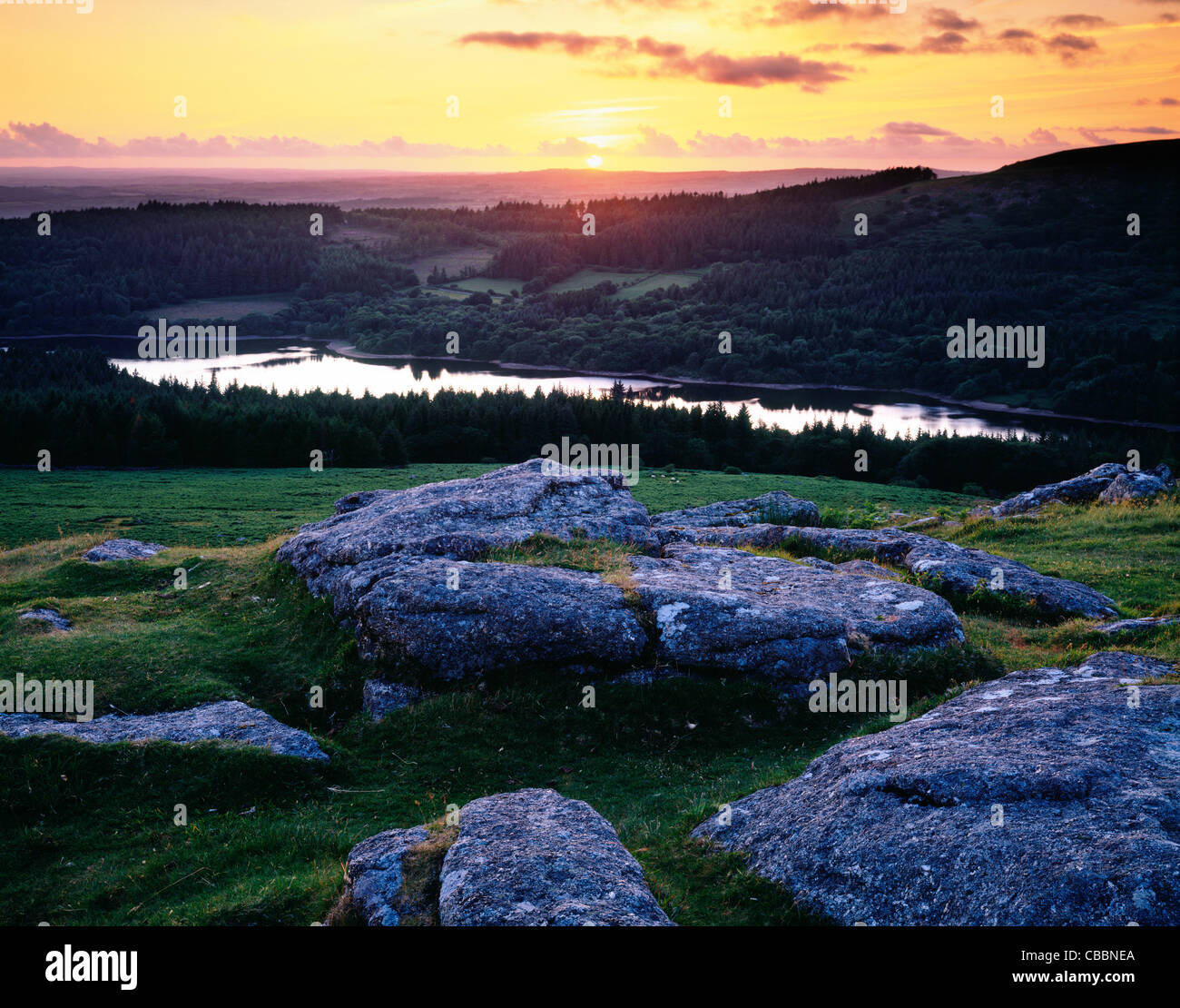 Sunset over Burrator Reservoir from Sheeps Tor near Tavistock in the ...