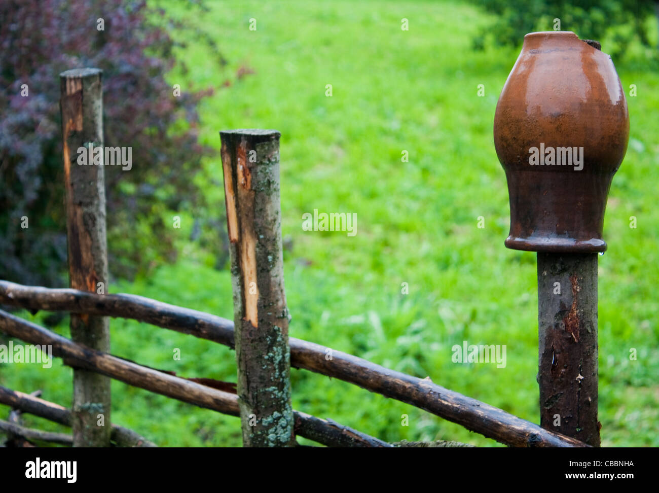 pot on wooden farm fence with green grass and tree in background Stock ...