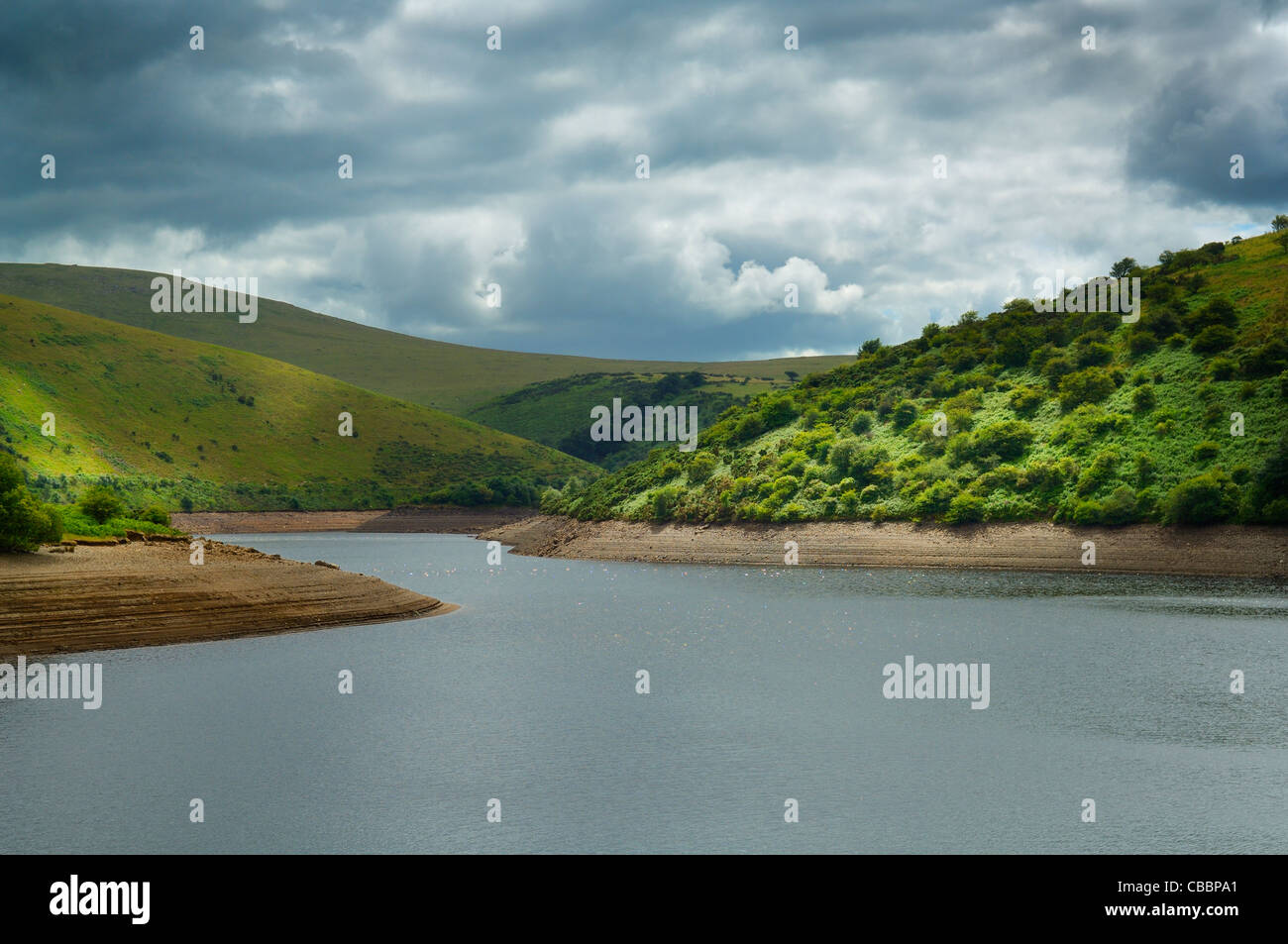 Low water level in Meldon Reservoir during a dry summer in Dartmoor ...