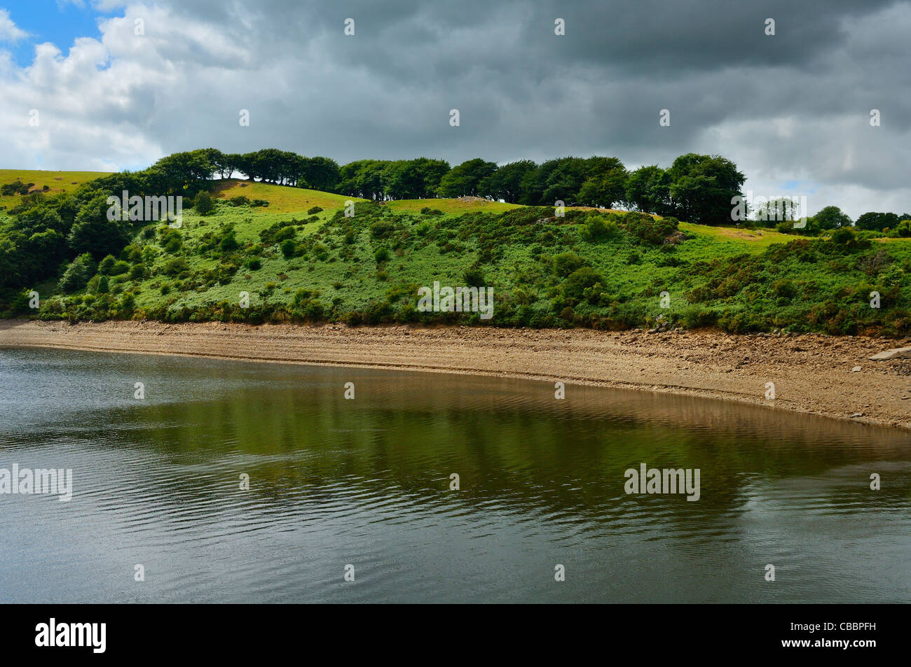Low water level in Meldon Reservoir during a dry summer in Dartmoor ...
