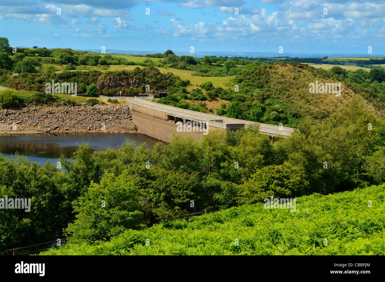 The dam at Meldon Reservoir from Okehampton Common in Dartmoor National ...
