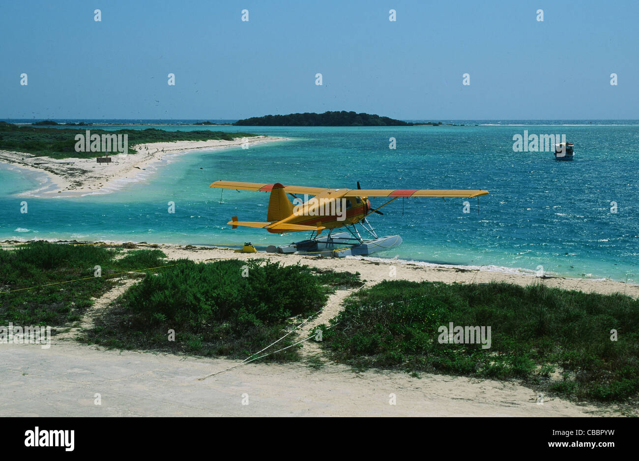 A seaplane takes off from Garden Keys of the Dry Tortugas National Park ...