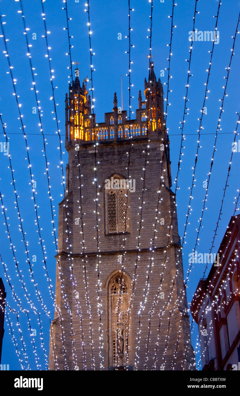 St John's Church tower Cardiff City Centre at night seen through Church ...