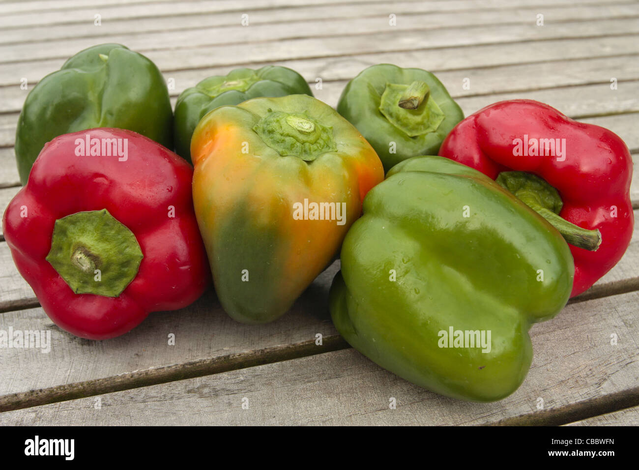 Mixed peppers on garden table Stock Photo - Alamy