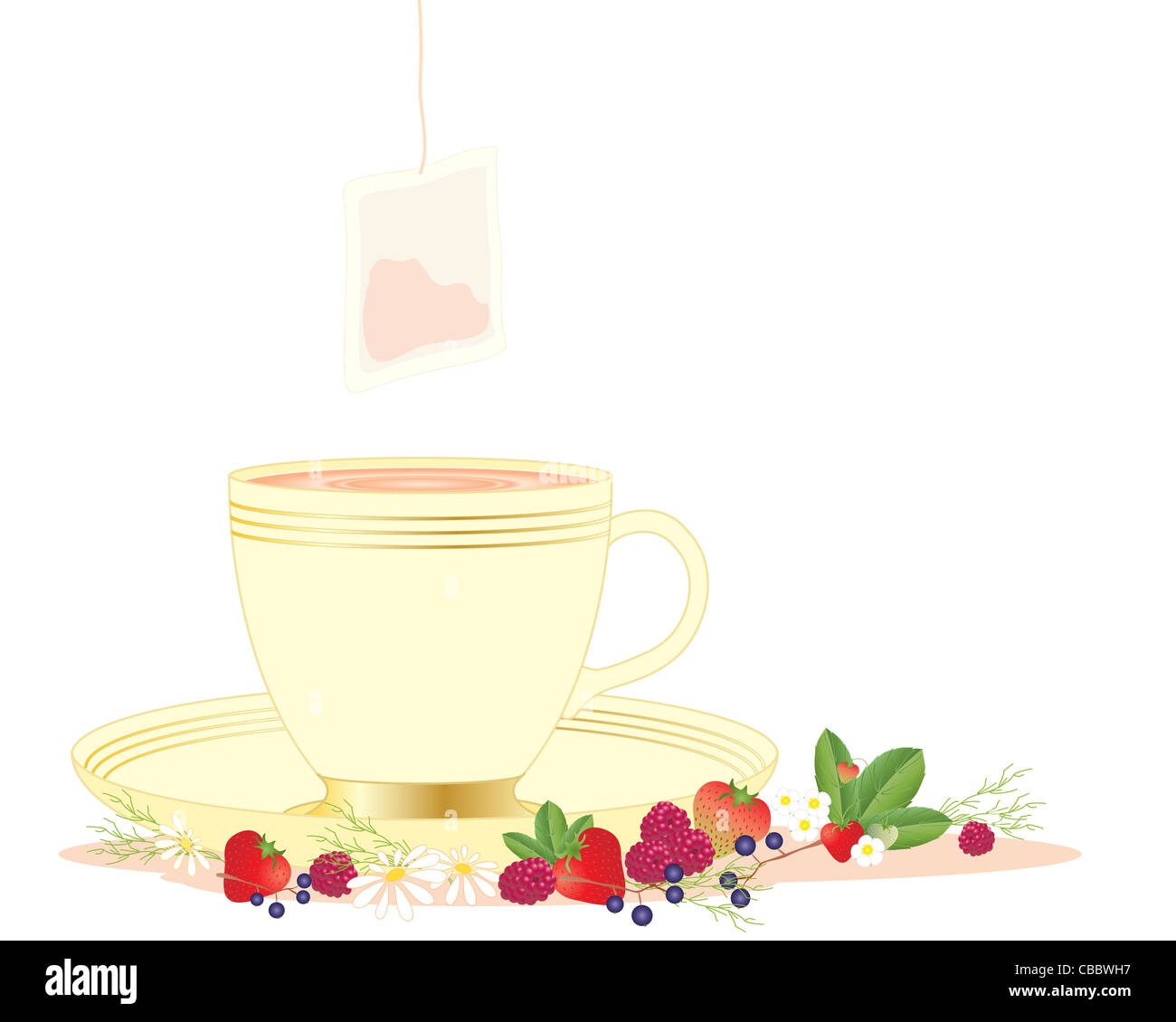 an illustration of a cup of fruit tea with a saucer tea bag and mixed ...