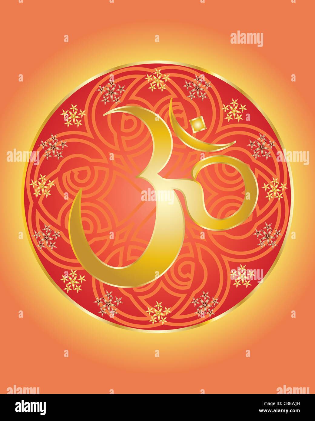 an illustration of a hindu om symbol in gold with decorative background ...
