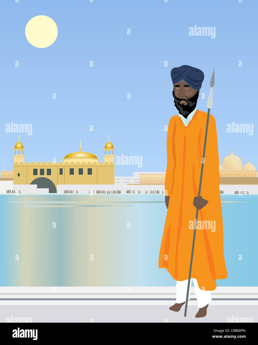 an illustration of a sikh temple guard in front of a holy pool with ...