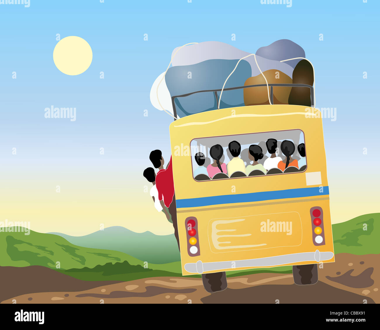 an illustration of a yellow bus full of passengers and luggage going ...