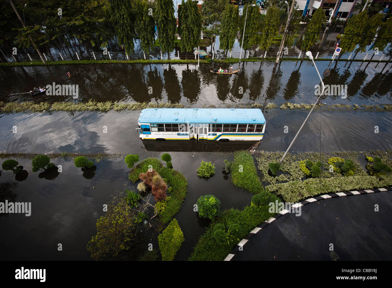 A submerged vehicle in the middle of a street during the big flood in ...