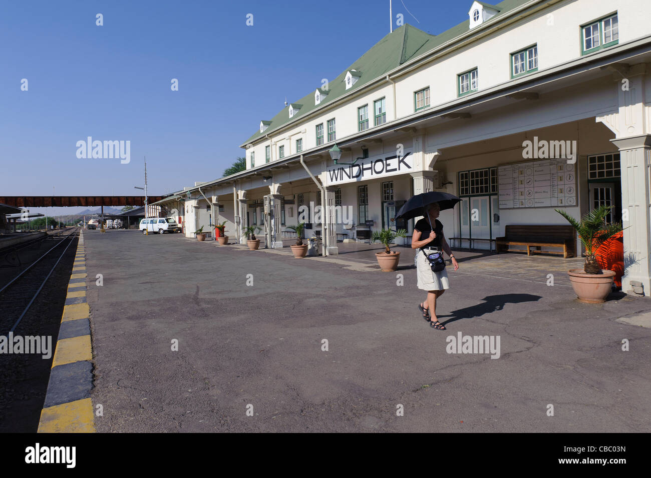 Platform of the Cape Dutch-style train station in Windhoek, Namibia ...