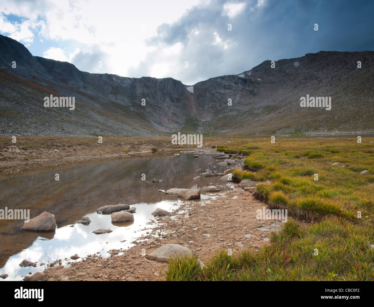 Beautiful Summit Lake reflects towering Mt. Evans and is surrounded by ...