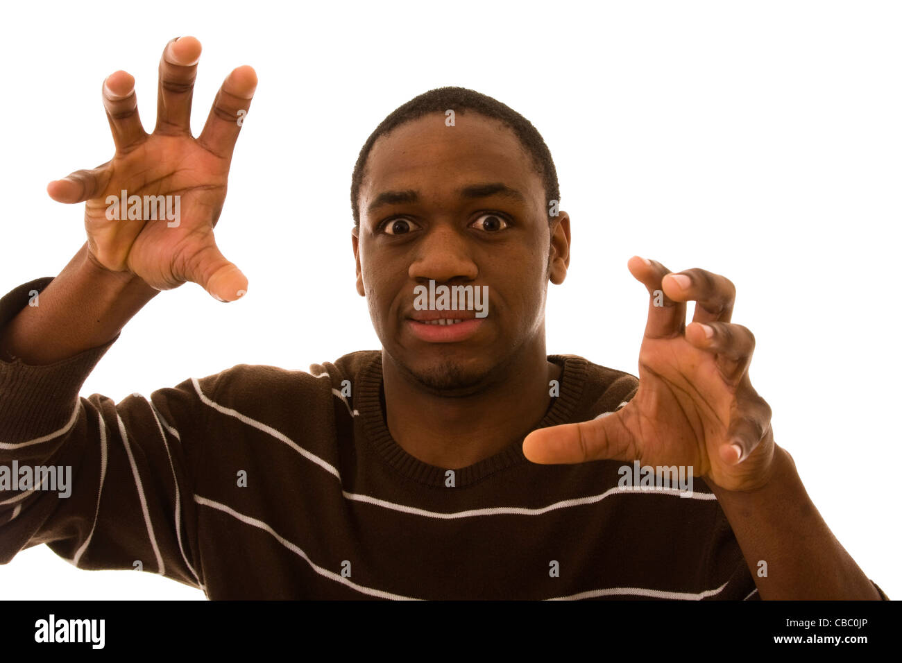 mad african young man attacking with his hands (isolated on white Stock ...
