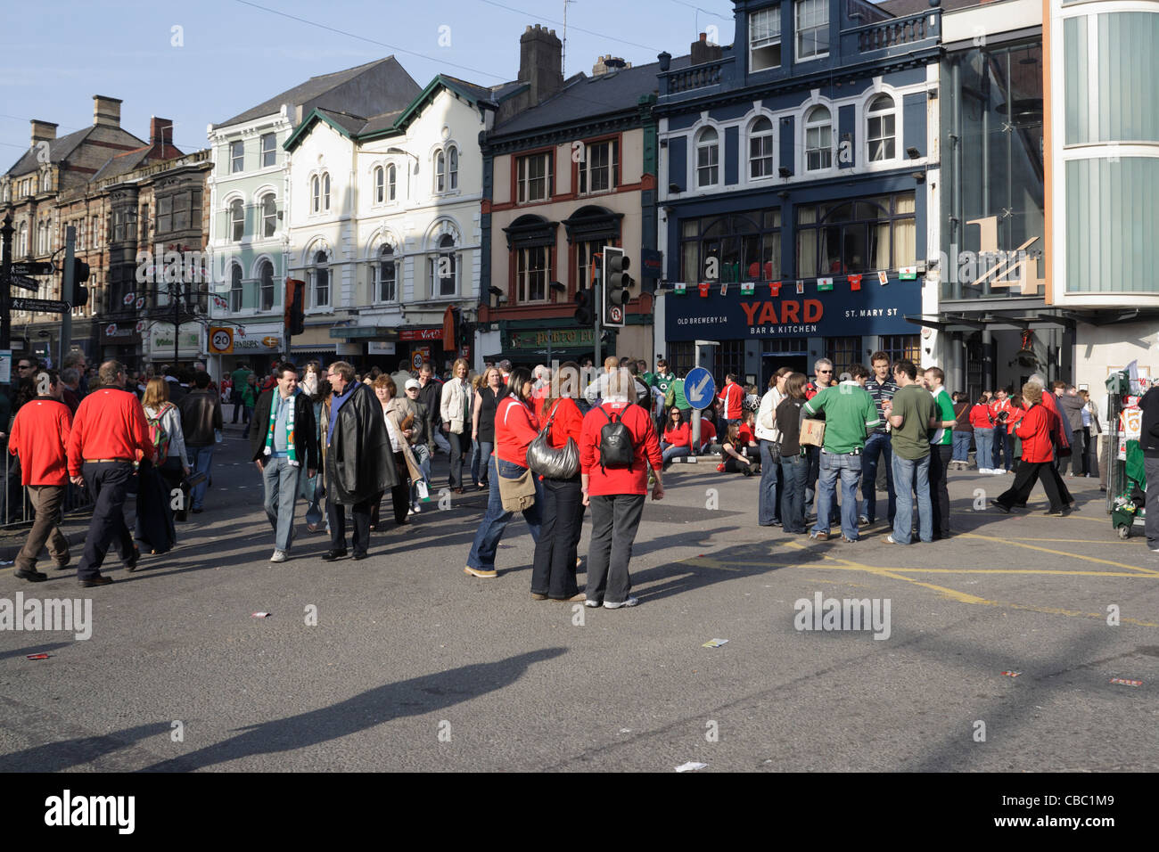 Crowds of Wales and Ireland Rugby supporter outside in Cardiff city ...
