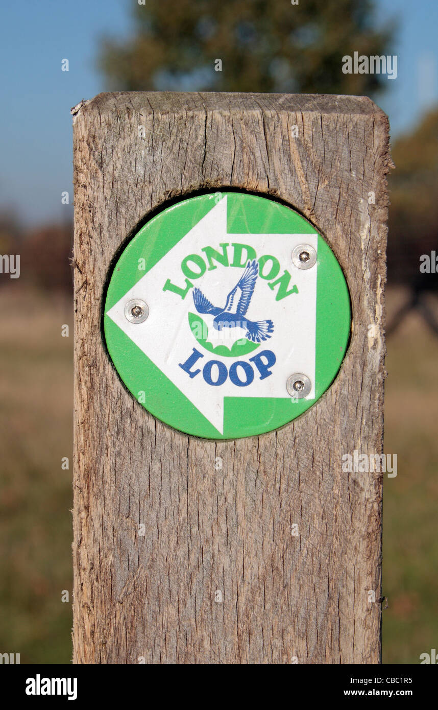 Close up of a London Loop (walking trail) sign on a post in Bushy Park ...