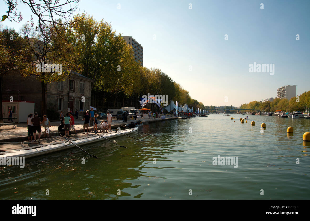 Rowing and recreation on canal in 19th Arrondisement, Paris, France ...