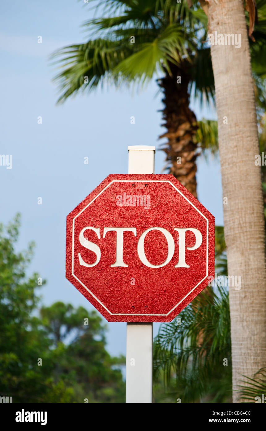 Wooden Red Stop Sign with Tropical Palm Trees Stock Photo - Alamy