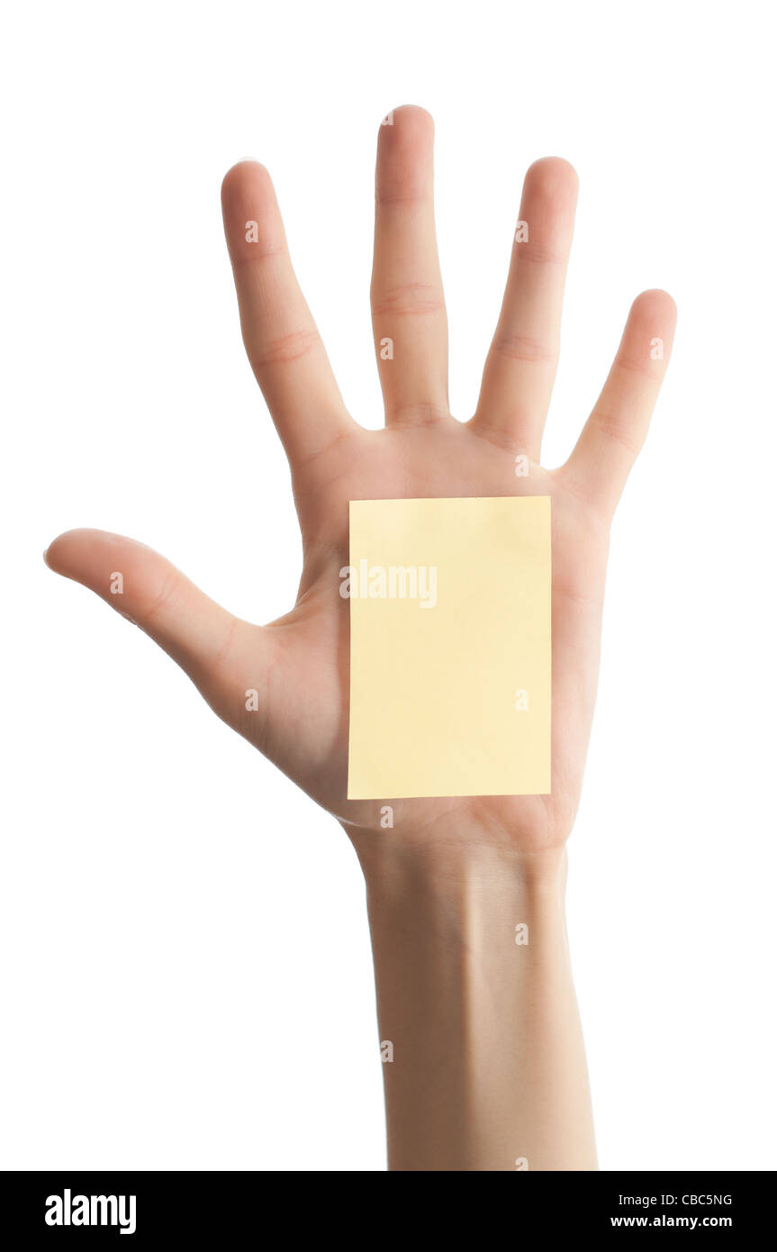 female hand with sticky office note isolated on white background . Note ...