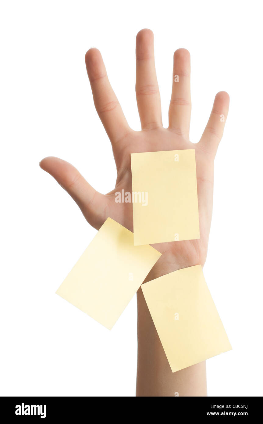 female hand with three sticky office notes isolated on white background ...