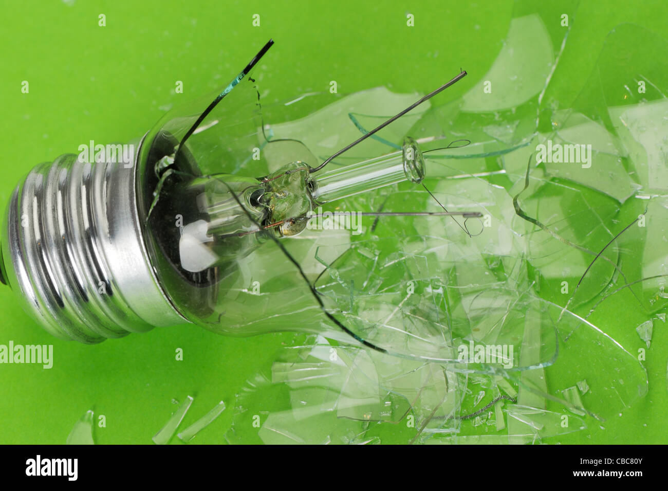 The brokenbulb. Glass splinters on a green background Stock Photo - Alamy