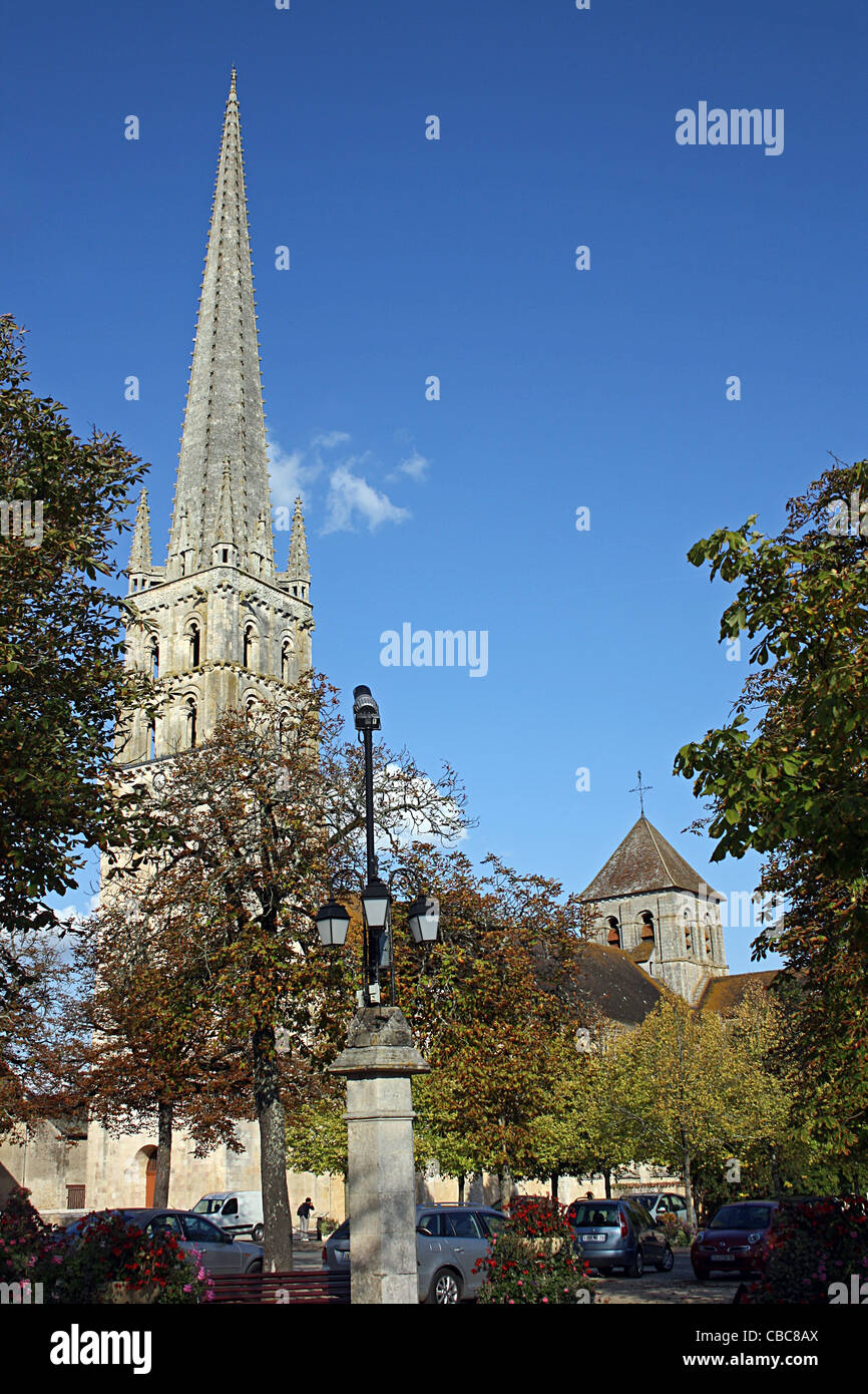 Spire and tower of Abbey church of St Savin sur Gartempe, France Stock ...
