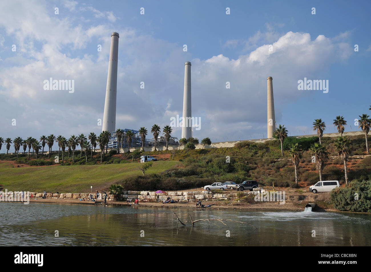 Israel, Hadera, The Hadera River and park the coal operated power plant ...
