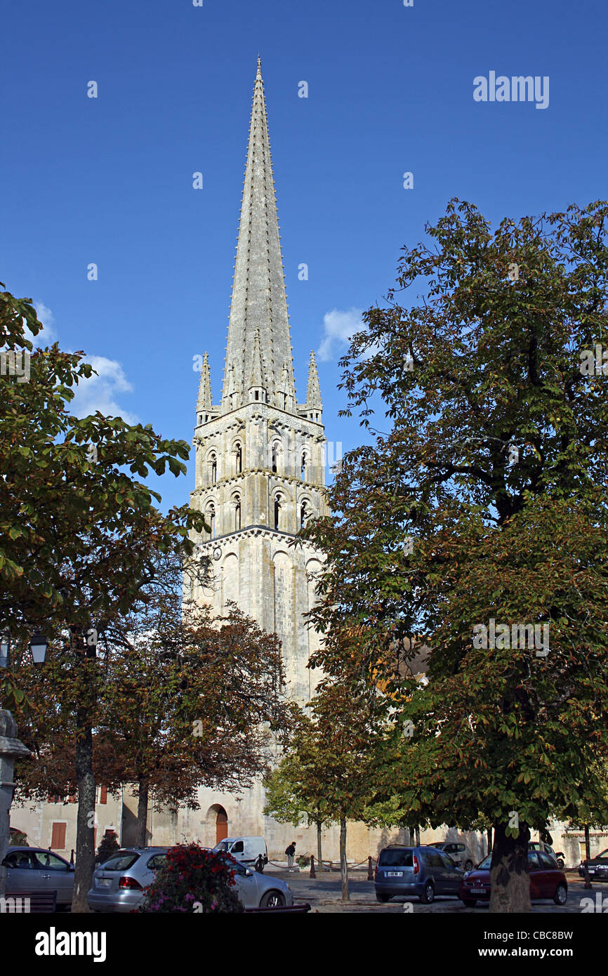 Spire and tower of Abbey church of St Savin sur Gartempe, France Stock ...