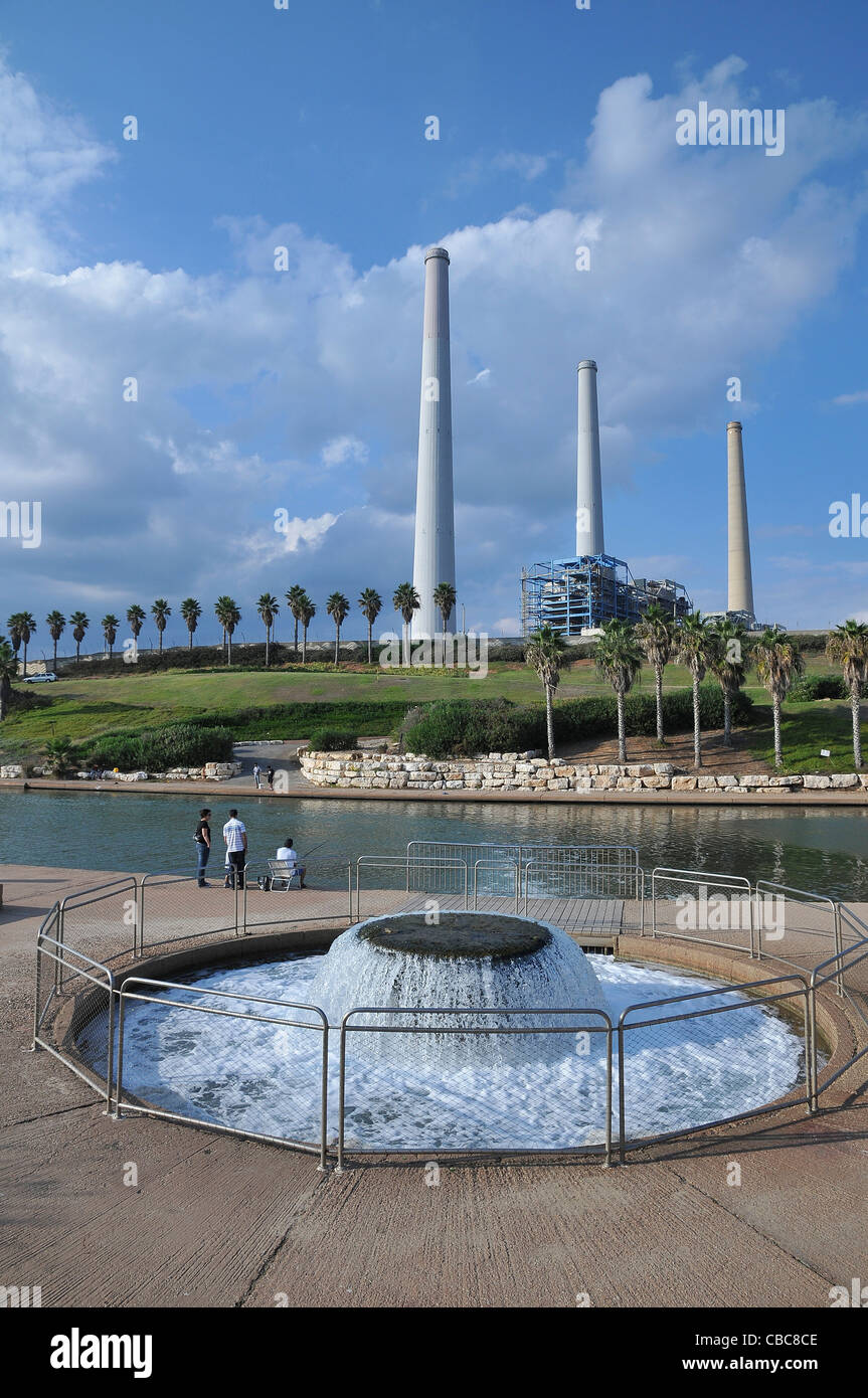 Israel, Hadera, The Hadera River and park the coal operated power plant ...