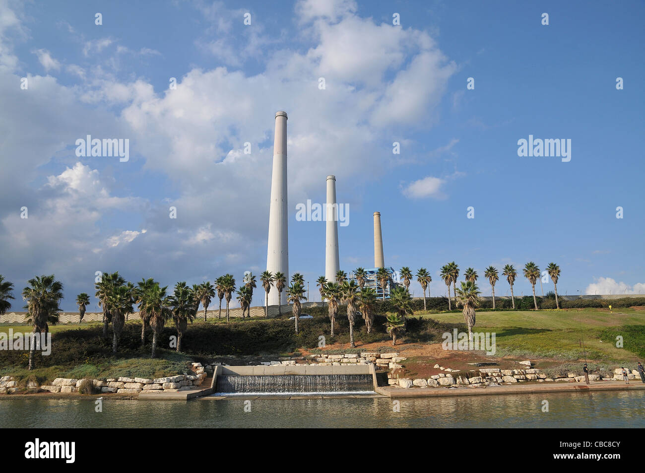 Israel, Hadera, The Hadera River and park the coal operated power plant ...