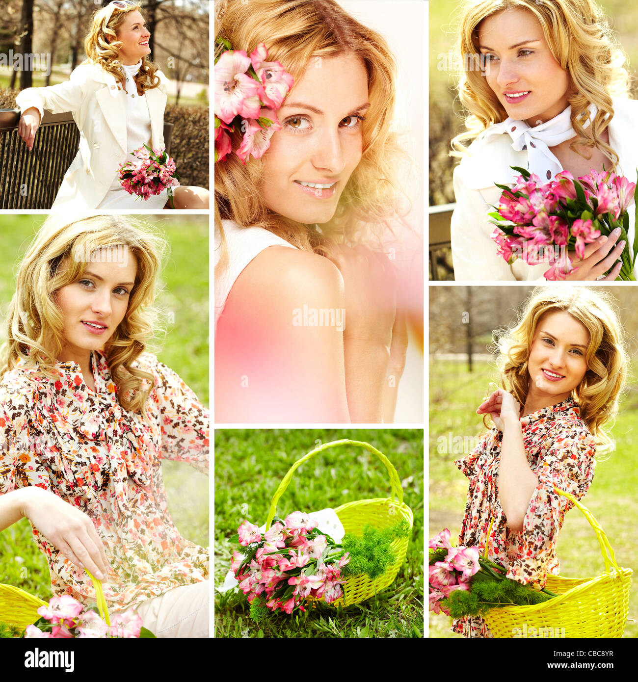 Collage of beautiful girl with flowers enjoying nature Stock Photo - Alamy