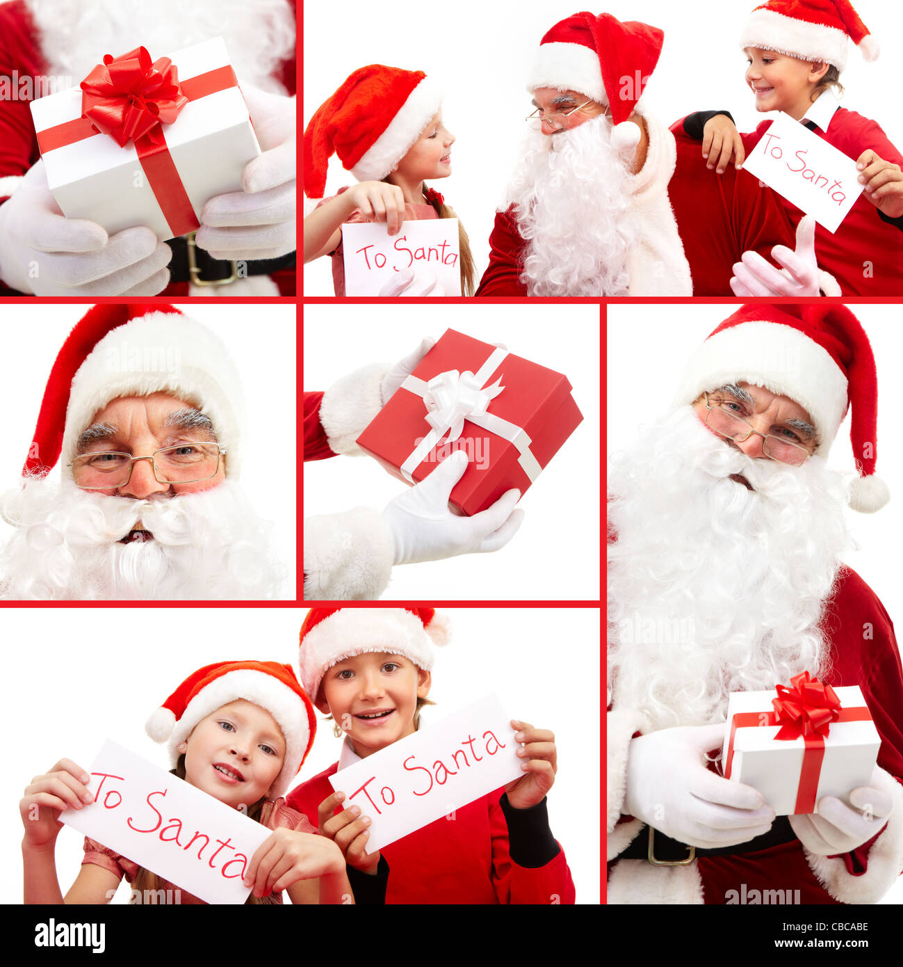 Collage of Santa with gifts and kids holding Christmas letters Stock ...
