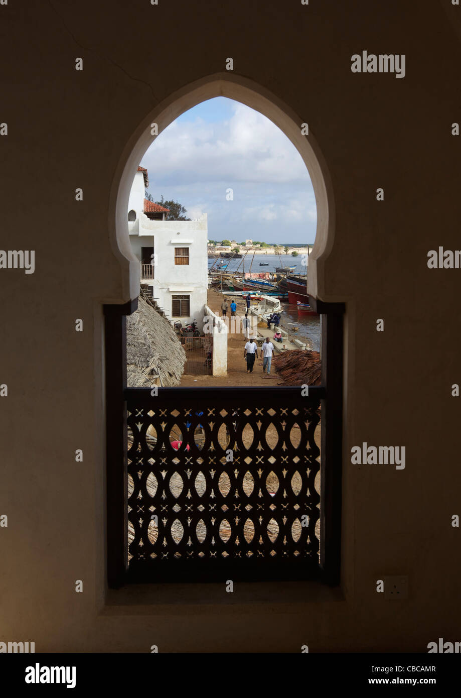 View Of Lamu Seashore Through Arabic Style Window, Lamu Kenya Stock ...