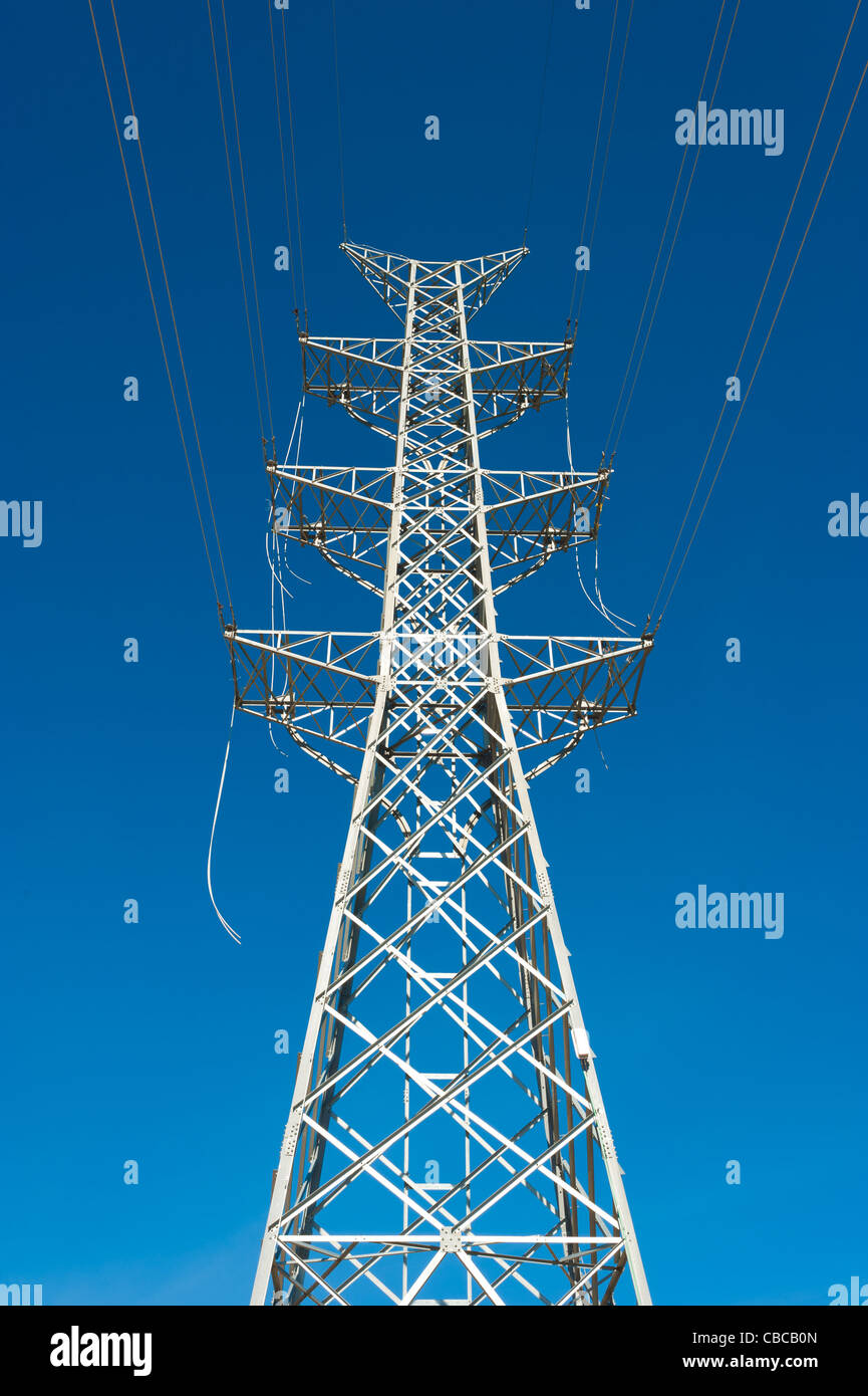 A massive high tension pylon from a low angle viewpoint Stock Photo - Alamy