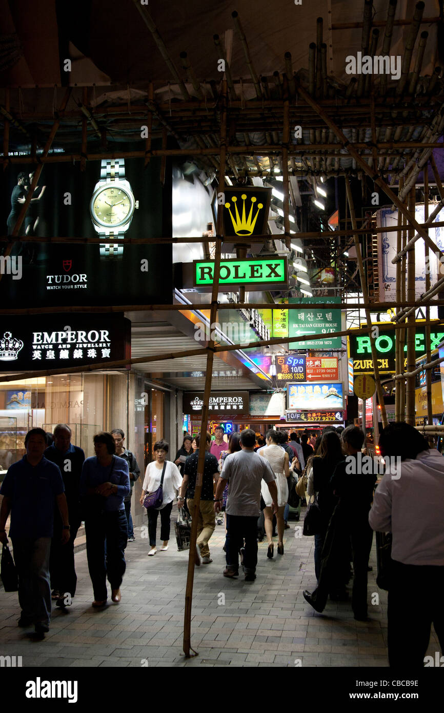 The neon lights and busy street of Nathan Road at night, the main ...