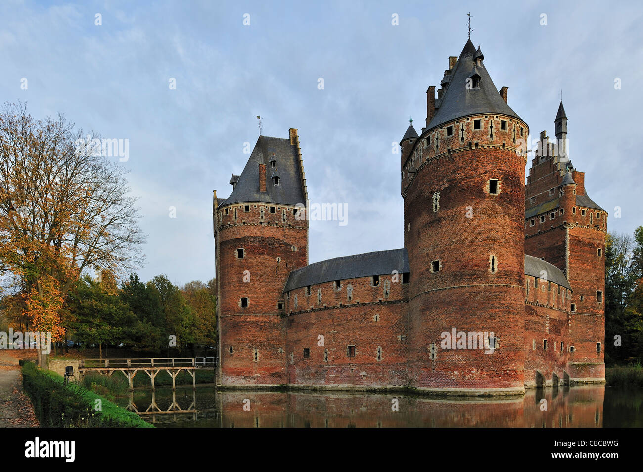 The medieval Beersel Castle surrounded by a moat, Belgium Stock Photo ...