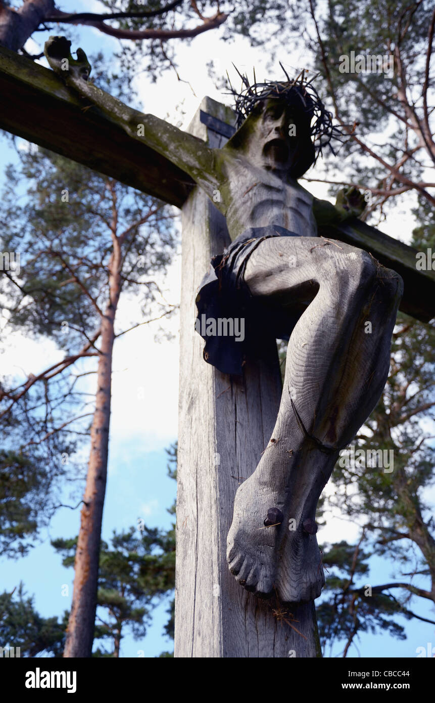 wooden crucifix in the old park and tree Stock Photo - Alamy