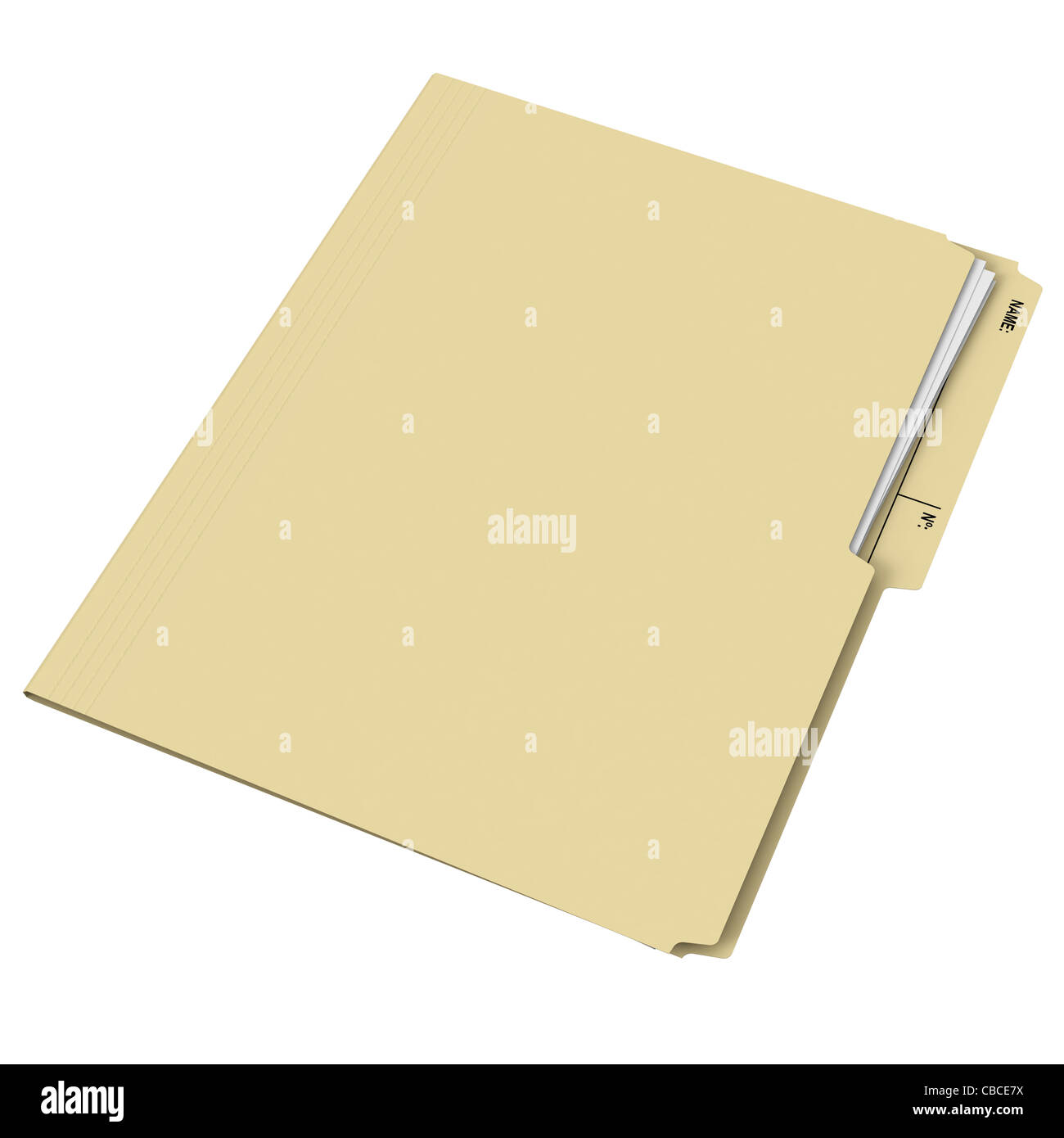 Open manila folder, blue post-it note and paper clip white background ...