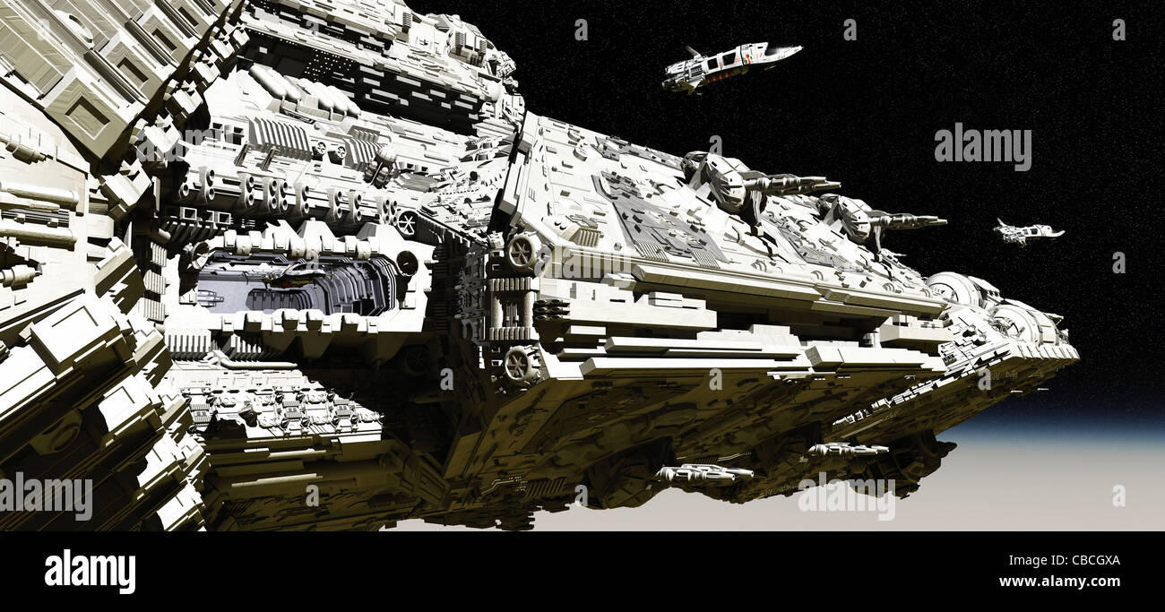 Battle Cruiser Deploying Scout Ships Stock Photo - Alamy