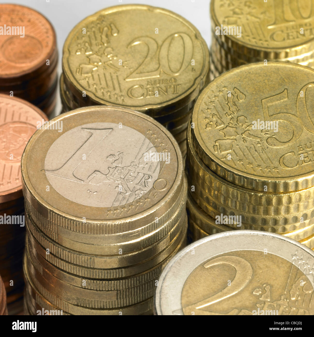 stacks with all sorts of euro coins Stock Photo - Alamy
