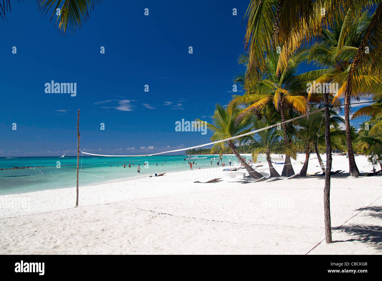Volleyball net on tropical beach, caribbean sea Stock Photo - Alamy