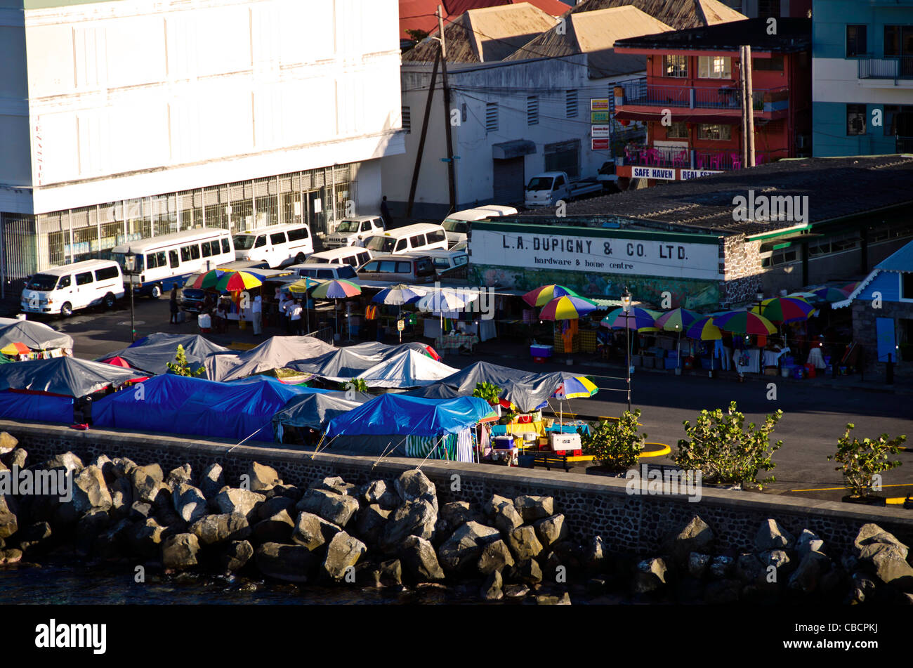 Roseau Dominica market umbrellas aerial overview of this Eastern ...