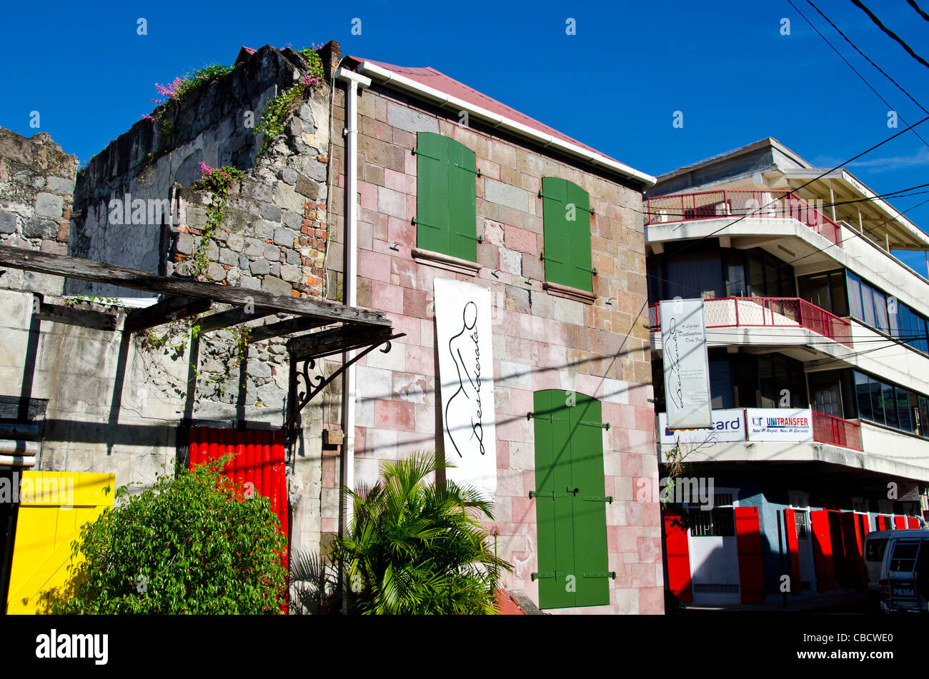 Roseau Dominica old plain colonial French Style warehouse next to ...