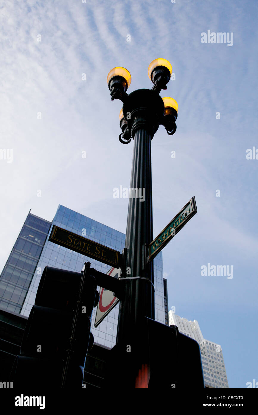 Lamp post with street signs State and Washington Streets Chicago Stock ...