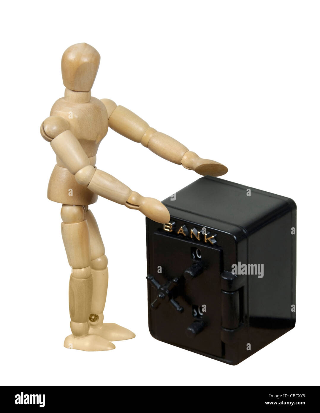 Person standing and holding hands on a secure bank vault for storing ...