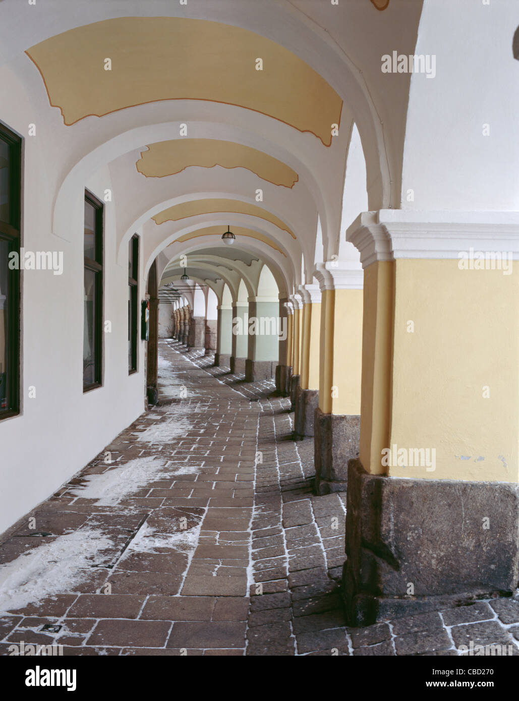 Telc, square, snow frost, winter, arcade Stock Photo - Alamy