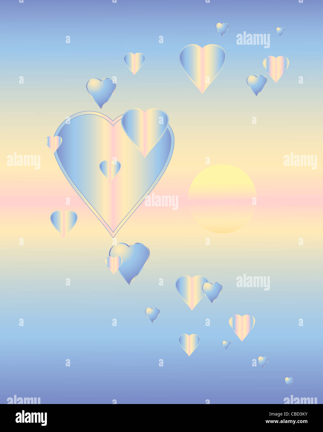 an illustration of a sunset background with love hearts in different ...