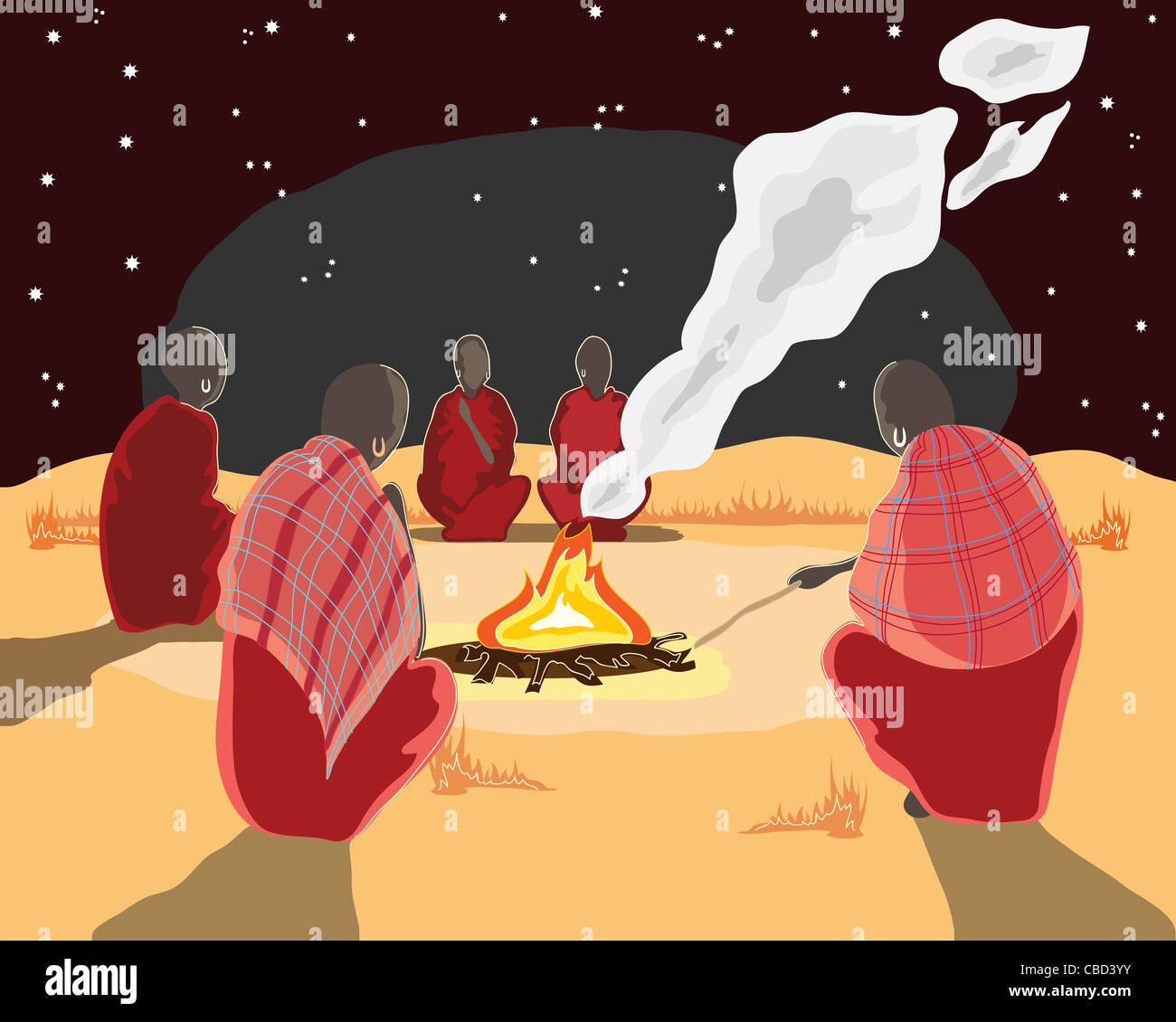 an illustration of a masai camp fire under the stars Stock Photo - Alamy