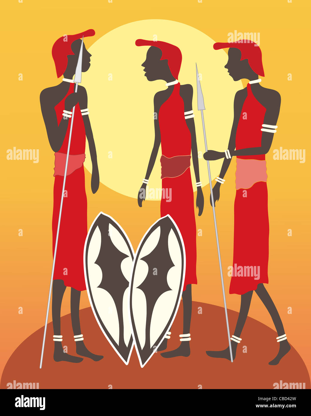 an illustration of a group of masai warriors talking in front of an ...